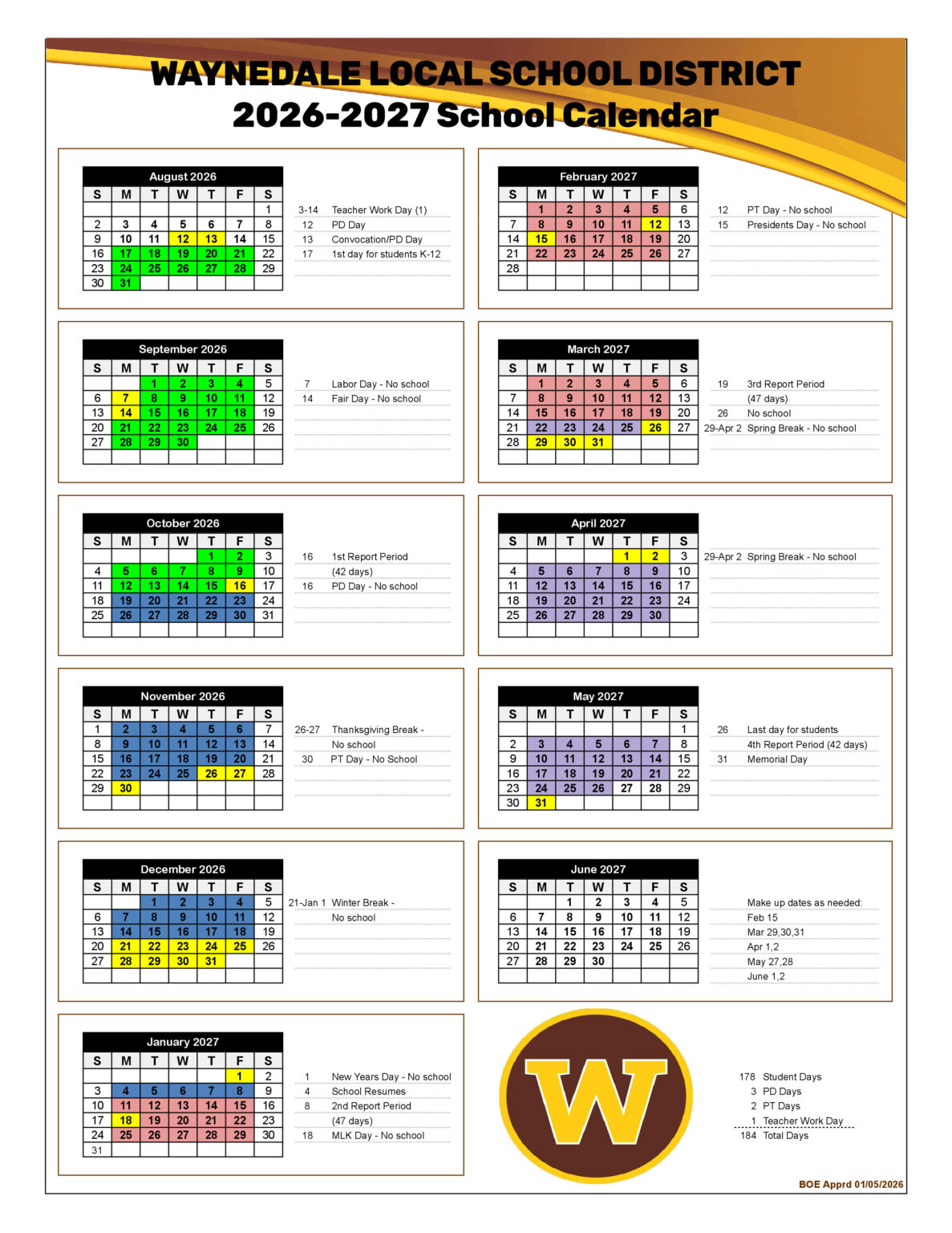 Approved 2026-2027 School Calendar – Waynedale Local Schools